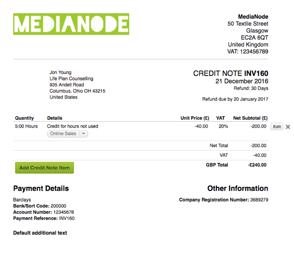 Create a credit note – English US Sandbox