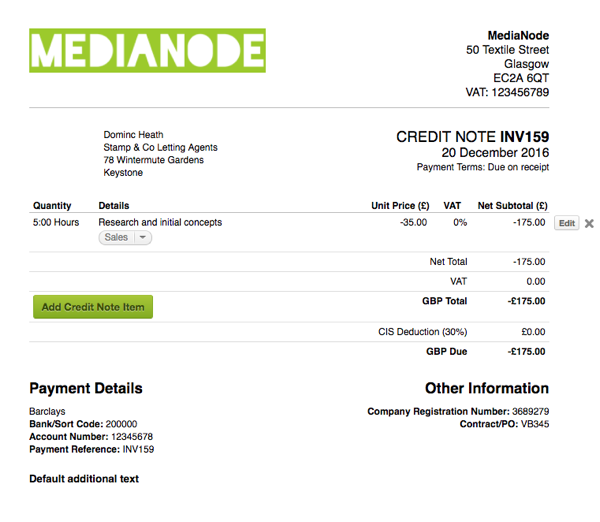 Create a credit note – English US Sandbox