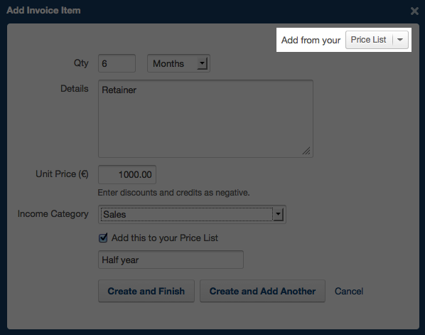 Add or edit invoice items – FreeAgent Support SANDBOX